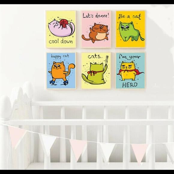 Art | Nursery Decor Funny Cat Cartoon Drawing Wall Art Set Of 6 Prints ...